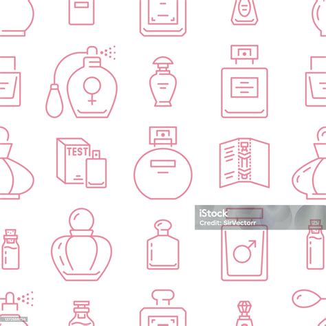 라인 아이콘이 있는 향수 병의 매끄러운 패턴 벡터 배경 일러스트레이션 핑크 화이트 아이콘 유리 분무기 고급 퍼퓸 샘플러 에센셜 오일 화장품 상점을위한 쾰른 배경 화면 0명에