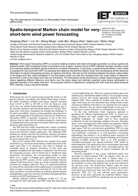 Pdf Spatio Temporal Markov Chain Model For Very Short Term Wind Power Forecasting