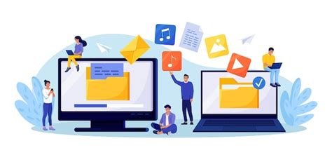 파일 전송 화면에 폴더가 있는 두 대의 컴퓨터 전송된 문서 파일 복사 데이터 교환 백업 스토리지에 문서 저장 장치 간 디지털 데이터 마이그레이션 사람들이 파일을 공유