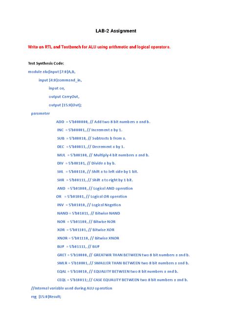 Lab 2 Assignment Doc Lab 2 Assignment Write An Rtl And Testbench For