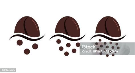 흰색 배경에 고립 된 커피 그라인드 크기 정도 차트 그레인 아이콘 세트 갈색에 대한 스톡 벡터 아트 및 기타 이미지 갈색