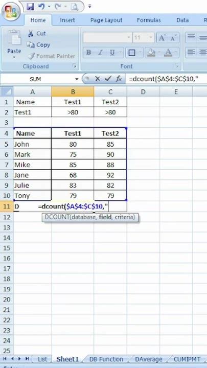 Dcount Function In Excel Youtube