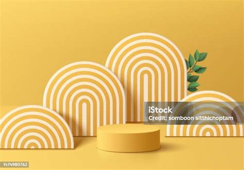 3d 현실적인 노란색 실린더 받침대 연단 배경과 겹치는 아치 배경 여름 최소 벽 장면 모형 제품 무대 쇼케이스 프로모션 디스플레이 추상 벡터 기하학적 형태 여름에 대한 스톡