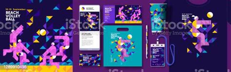벡터 그림 집합입니다 스포츠 이벤트 비치 발리볼 비치 발리볼을 즐기는 사람들을 위한 일러스트레이션 기업 정체성 브랜딩 휴대 전화 패키지 엽서 I D 배지 배구에 대한 스톡