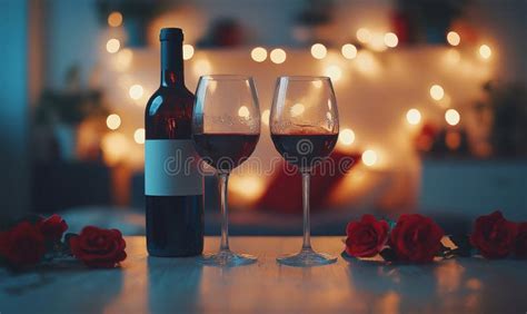 Romantic Wine Setting With Red Roses And Soft Glowing Lights In Background Stock Photo Image