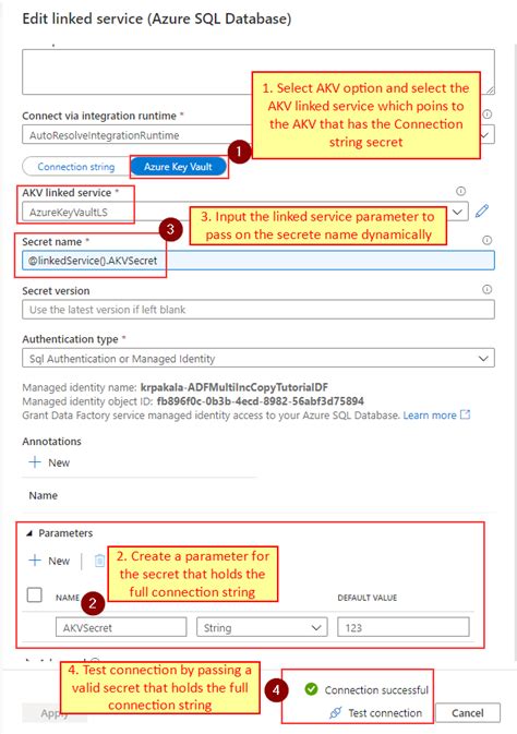how to parameterise full connection string in azure sql database linked