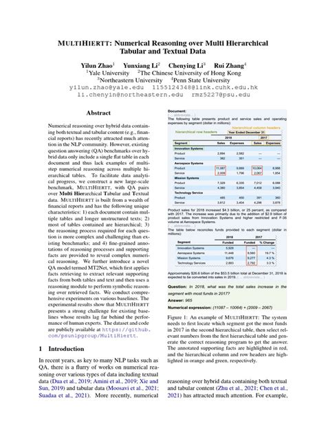 Multihiertt Numerical Reasoning Over Multi Hierarchical Tabular And Textual Data Pdf