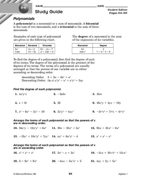 Polynomials Worksheet For 9th Grade Lesson Planet