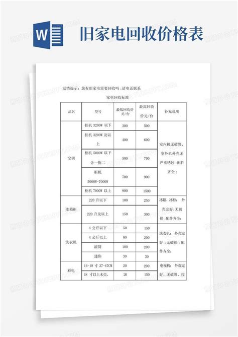 旧家电回收价格表Word模板下载 编号lkndrejo 熊猫办公