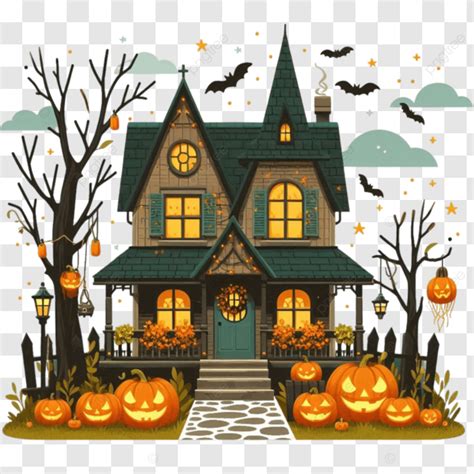 투명한 배경에 호박 바다로 둘러싸인 3d 유령의 집 투명한 배경에 호박 바다로 둘러싸인 3d 유령의 집 호박 바다로 둘러싸인 3d 유령의 집 할로윈 Png 일러스트 및