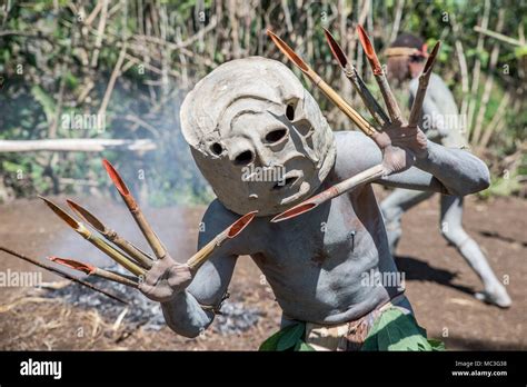 Masked Asaro Mudmen Performance Geremiaka Village Goroka Area