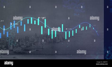 Image Of Graph With Blue And Green Bars And Line Chart Overlaying Cityscape City Skyline And