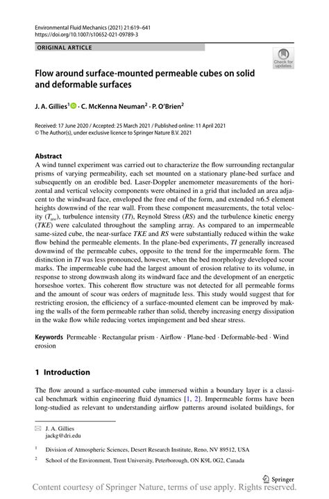 Flow Around Surface Mounted Permeable Cubes On Solid And Deformable Surfaces Request Pdf