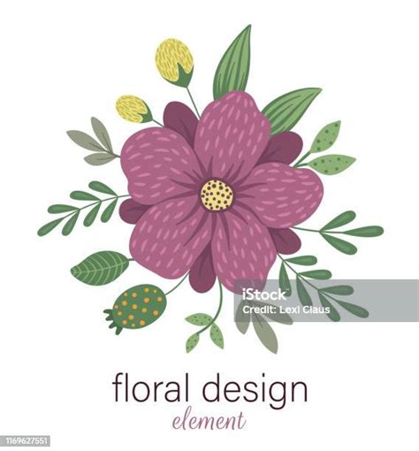 벡터 꽃 둥근 장식 요소입니다 꽃 나뭇잎 가지와 평면 트렌디 한 그림입니다 목초지 삼림 지대 숲 클립 아트 흰색 배경에 고립 된 아름다운 봄 또는 여름 꽃다발 0명에 대한