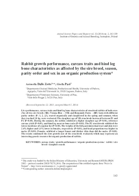 Pdf Rabbit Growth Performance Carcass Traits And Hind Leg Bone