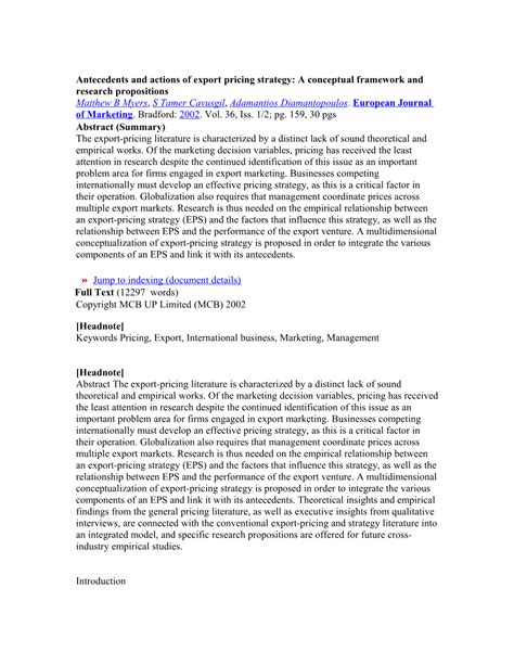 Antecedents And Actions Of Export Pricing Strategy A Conceptual Framework And Research Docest