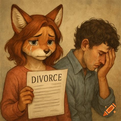 A Sad Furry Person Holding A Divorce Paper Stands Next To A Crying Man