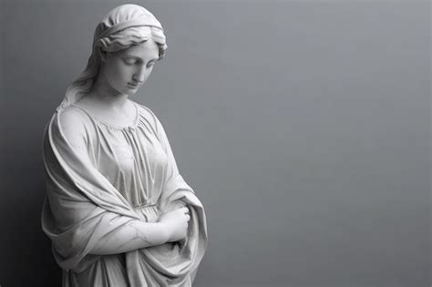 빈 벽 근처에 있는 젊은 여성의 고대 대리석 조각상 텍스트 복사 공간이 있는 그리스 조각 골동품 여성 조각 흉상 석고 조각 Ai