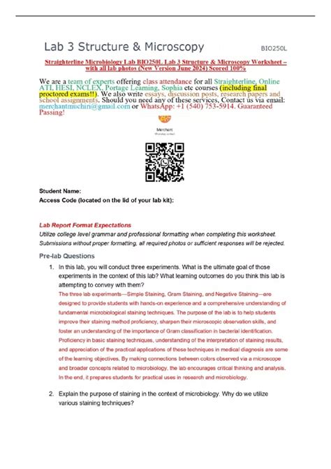 Straighterline Microbiology Lab BIO250L Lab 3 Structure Microscopy Worksheet With All Lab