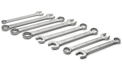 A Set Of Combination Wrenches Arranged In Parallel Each Tool Features