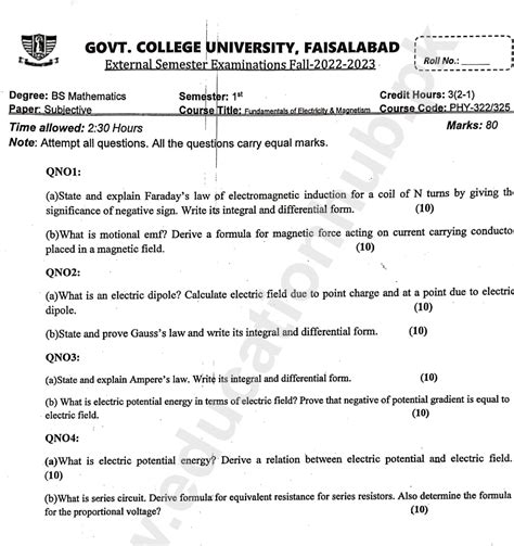 Phy 322 Fundamentals Of Electricity And Magnetism Bs Math Gcuf Past Paper 2023 Education Hub