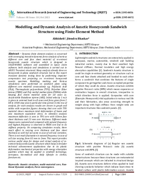 Pdf Irjet Modelling And Dynamic Analysis Of Auxetic Honeycomb Sandwich Structure Using Finite