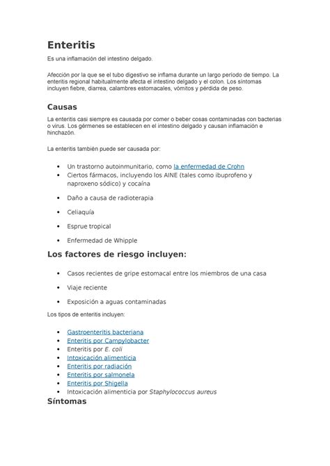 Resumen De Todo De La Enfermedad Enteritis Enteritis Es Una