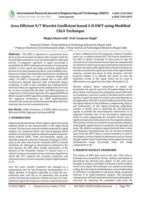 Area Efficient 97 Wavelet Coefficient Based 2 D Dwt Using Modified Csla Technique Pdf