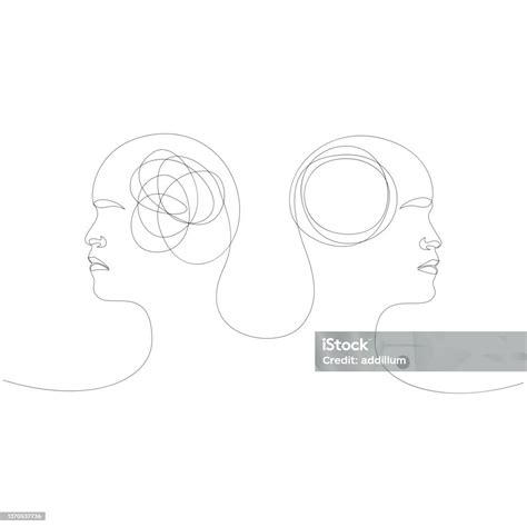 반대 생각을 가진 두 인간의 머리 생각의 혼돈과 질서의 개념 한 줄의 연속 선형 도면의 벡터 그림 평온에 대한 스톡 벡터 아트 및 기타 이미지 Istock