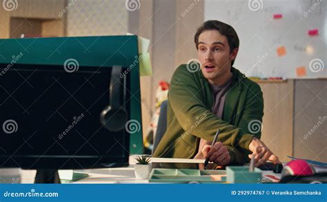 Inspired Man Answering Cellphone Call Office Close Up Designer Drawing