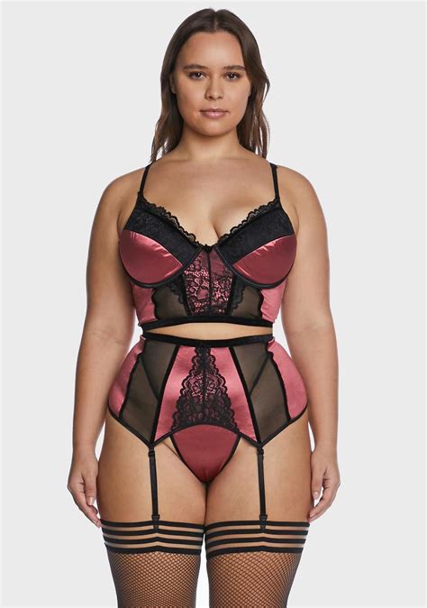 Plus Size Satin Sheer Paneled Bustier Lingerie Set Mauve Dolls Kill