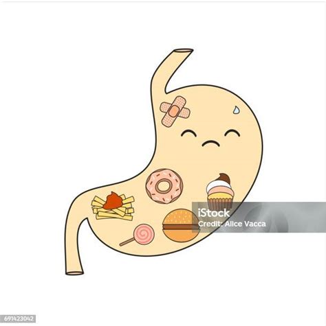 귀여운 만화 정크 푸드 개념 벡터 일러스트와 함께 건강에 해로운 슬픈 위 개념과 주제에 대한 스톡 벡터 아트 및 기타 이미지 개념과 주제 건강관리와 의술 건강하지