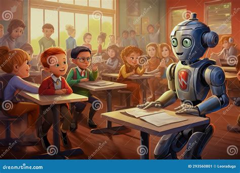Little Robots Sitting At Desks In A Classroom Listening To A Robot