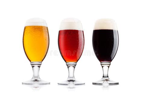 Cold Glasses Of Lager Stout And Red Beer With Dew Stock Image Image Of Drop Background 107256723