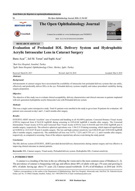 Pdf Evaluation Of Preloaded Iol Delivery System And Hydrophobic Acrylic Intraocular Lens In