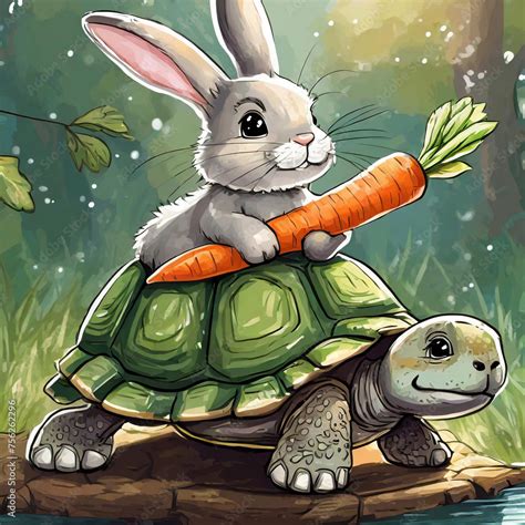 거북이 등에 올라탄 당근을 들고 있는 귀여운 토끼 Ilustración De Stock Adobe Stock