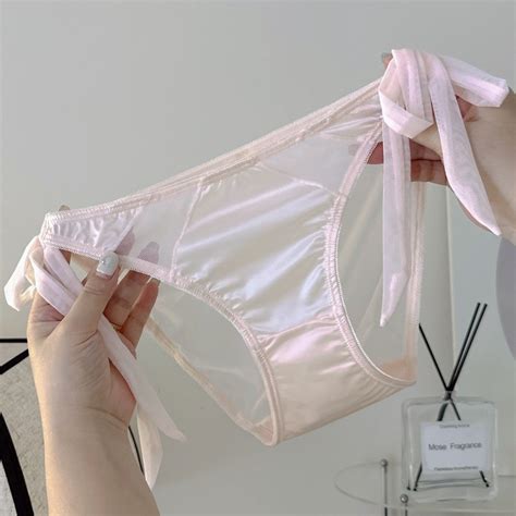 Breathable Sexy Removable Laced Up Panties Low Waist Ice Silk Satin Bow