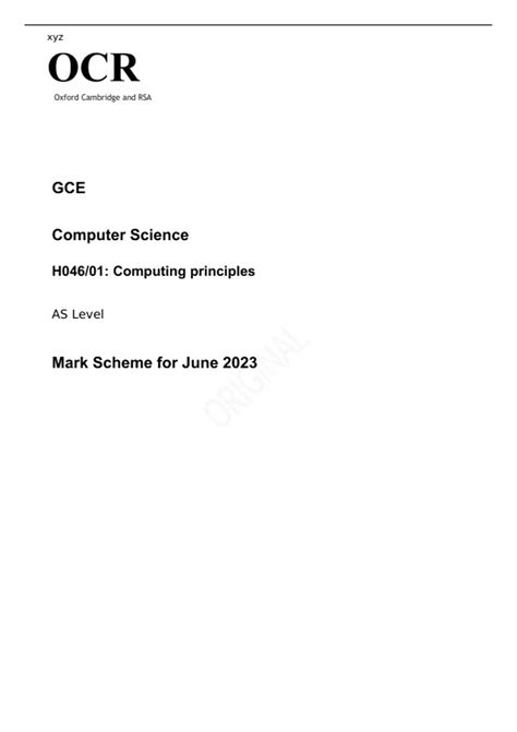 Ocr As Level Computer Science H04601 June 2023 Mark Scheme Computing