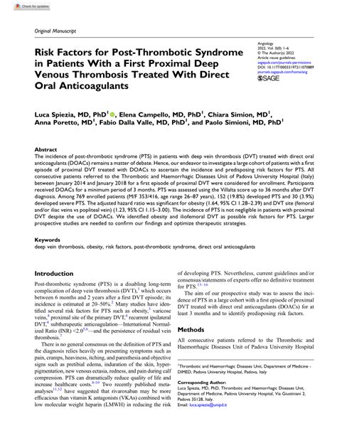 Pdf Risk Factors For Post Thrombotic Syndrome In Patients With A First Proximal Deep Venous