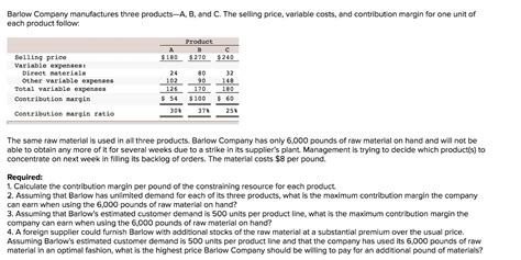 1 Calculate The Contribution Margin Per Pound Of The Constraining Resource For Each Product 2