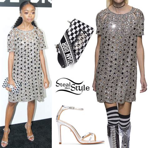 Skai Jackson Metallic Dress Silver Sandals Steal Her Style
