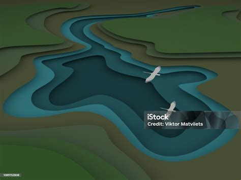 3 차원 종이 컷 스타일 지형 풍경 비행 조류 평면도 3d 렌더링 그림 아트 호수 조각 페이퍼커팅에 대한 스톡 사진 및 기타 이미지 Istock