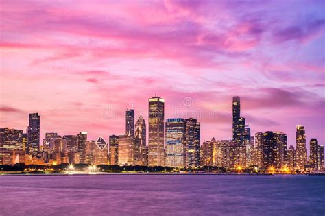 Chicago Skyline At Sunset Over The Lake Michigan Editorial Photo