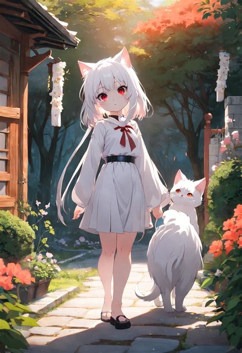 흰 머리카락과 흰 고양이가 길을 걷고 있는 애니메이션 소녀 Seaart Ai