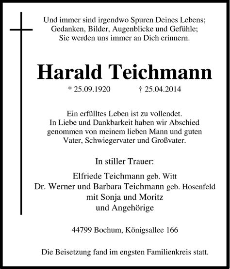 Traueranzeigen Von Harald Teichmann Trauer In Nrw De