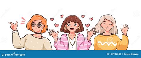 Group Of Funny Female Anime Characters Vector Illustration In Japanese Manga Style Portrait Of