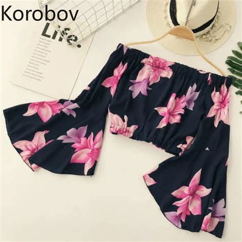 Korobov 보헤미안 비치 여성 셔츠 한국 슬래시 넥 오프 어깨 섹시한 짧은 셔츠 꽃 프린트 플레어 슬리브 블라우스 77066블라우스 And 셔츠 Aliexpress