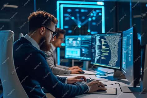 Young Itengineer Decoding Data While Sitting In Front Of Computers