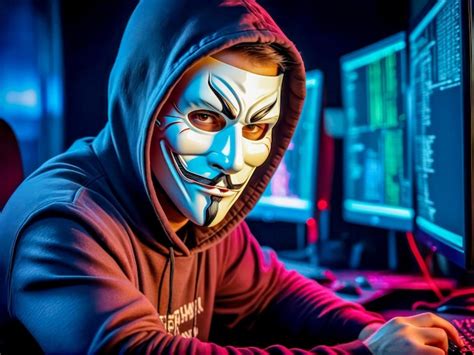 Masked Hacker Is Using Computer Hacker Computer Crime Premium Ai