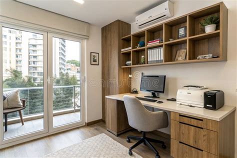 Desk With Desktop Computer Printer And Chair In Home Office Stock Illustration Illustration